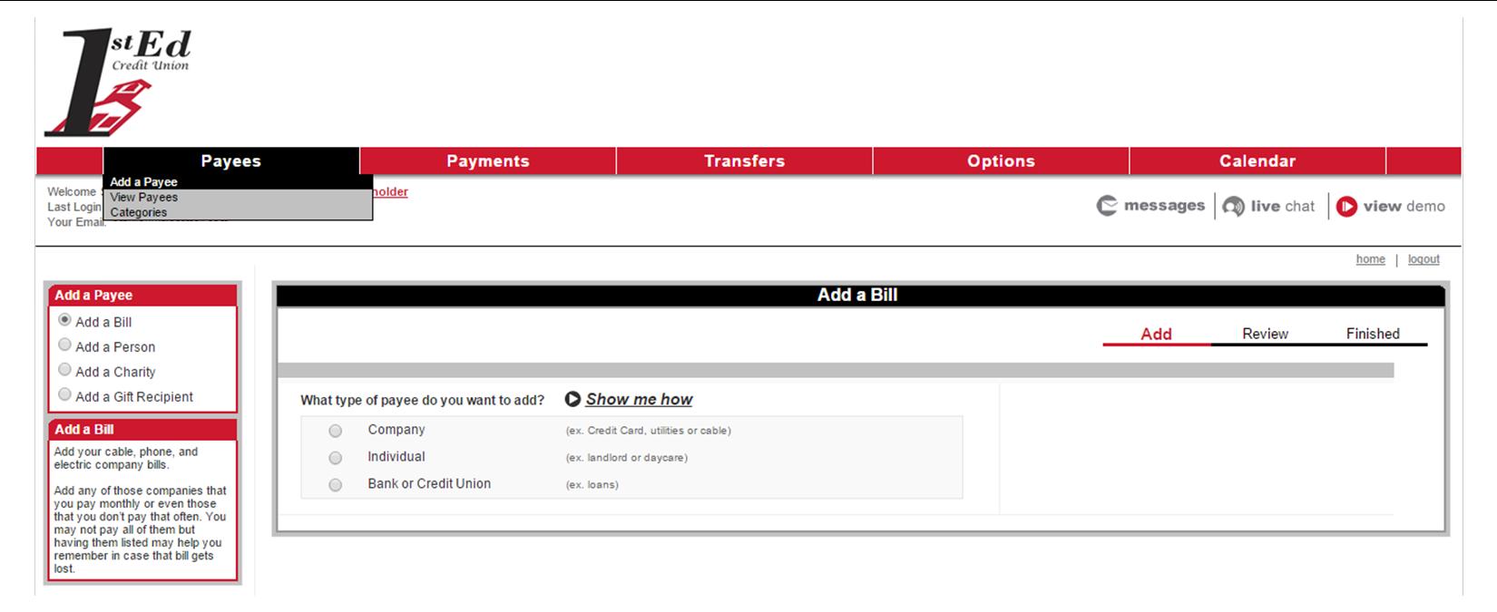 Bill-Pay: Set Up A New Transfer Account | 1st Ed Credit Union